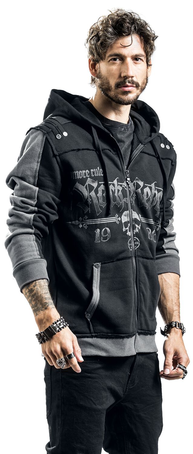 Black Hooded Jacket with Rock Rebel and Skull Prints | Rock Rebel by ...