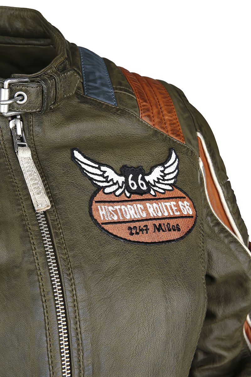Rock Rebel X Route 66 - Green Leather Jacket with Contrasting-Coloured ...